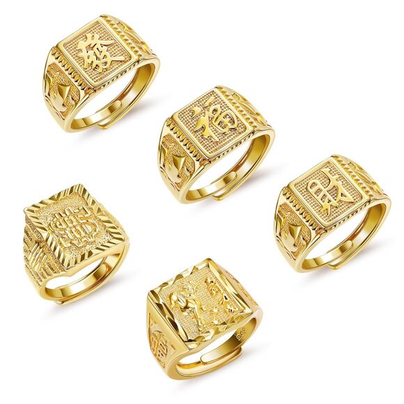 Jewelry | Gold Signet Rings Set Adjustable Size Hip Hop Style Kanji ...